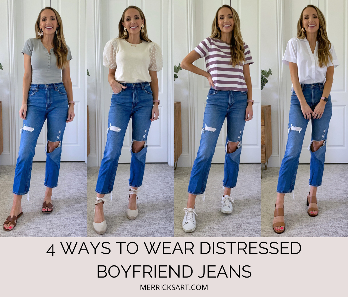 4 Distressed Boyfriend Jeans Outfits - Merrick's Art